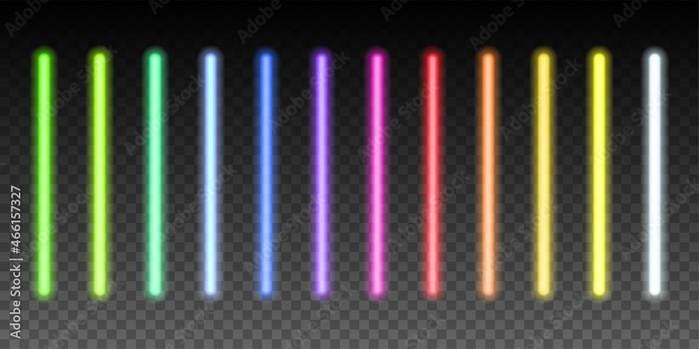 Neon light sticks set on transparent background. Blue, white, yellow ...