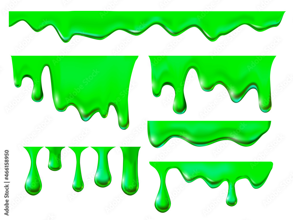 Green liquid falling down with drips set, 3d border with paint splash ...