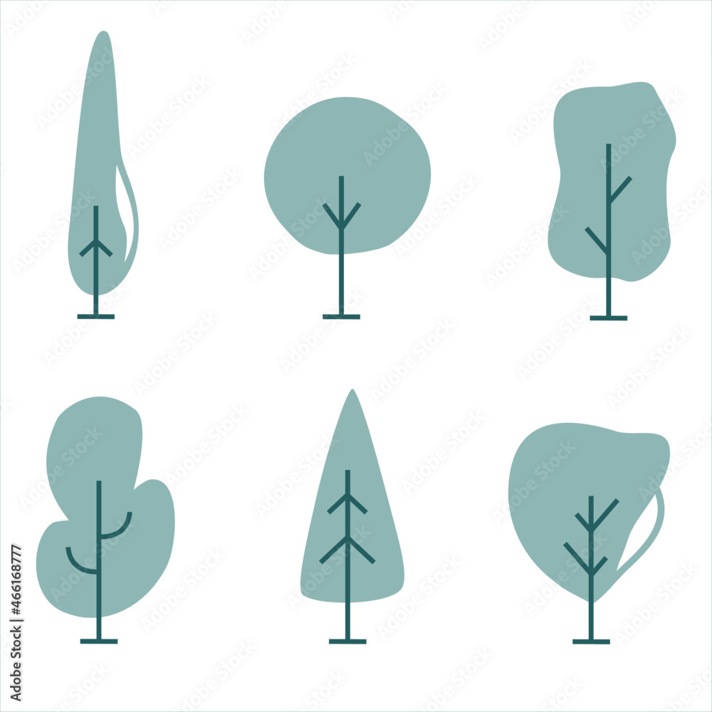 Set of trees. Forest, park, and garden tree linear signs collection ...