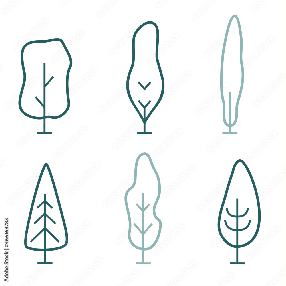 Collection of outline trees. Forest, park, and garden tree linear signs ...