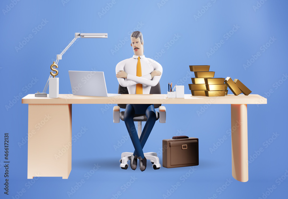 3D rendering illustration. Successful happy businessman working in ...