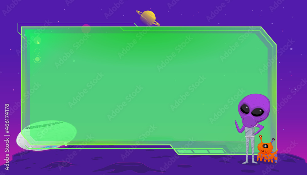 Vector illustration of funny cartoon aliens character and screen with ...