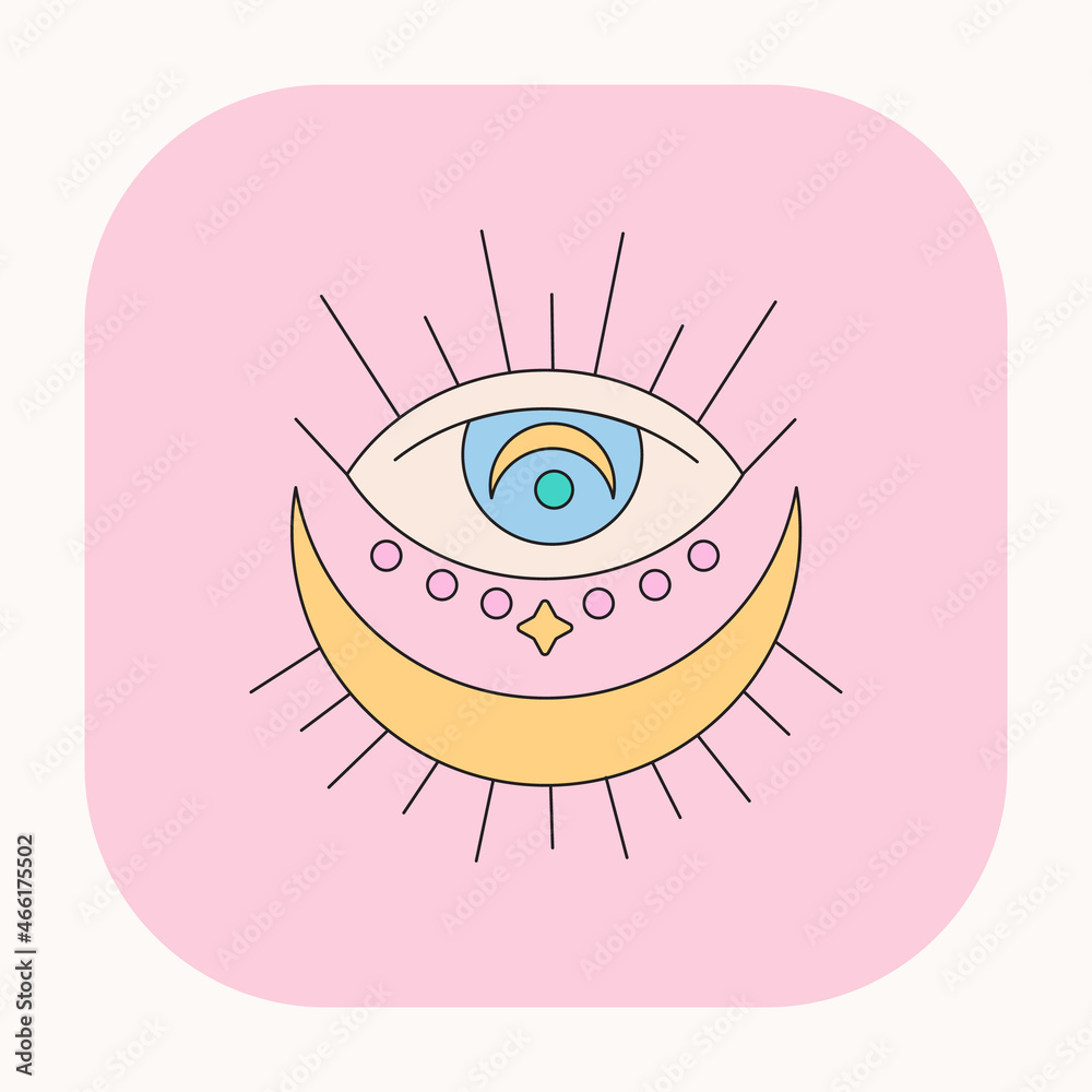 Cute Mystic boho half moon eye illustration. Hand drawn cartoon ...