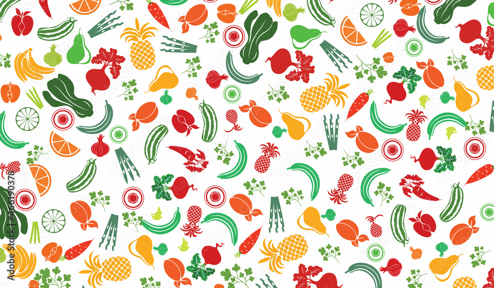 Pattern from different types of fruits in a flat style on a white ...