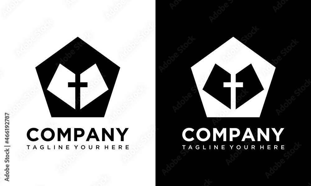 Pentagon Christian cross church and open book logo. Christian symbol of ...