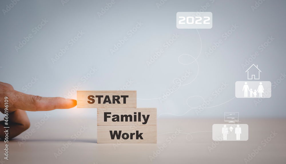 New year 2022 with start concept, Hand touch cubes woods block step on ...