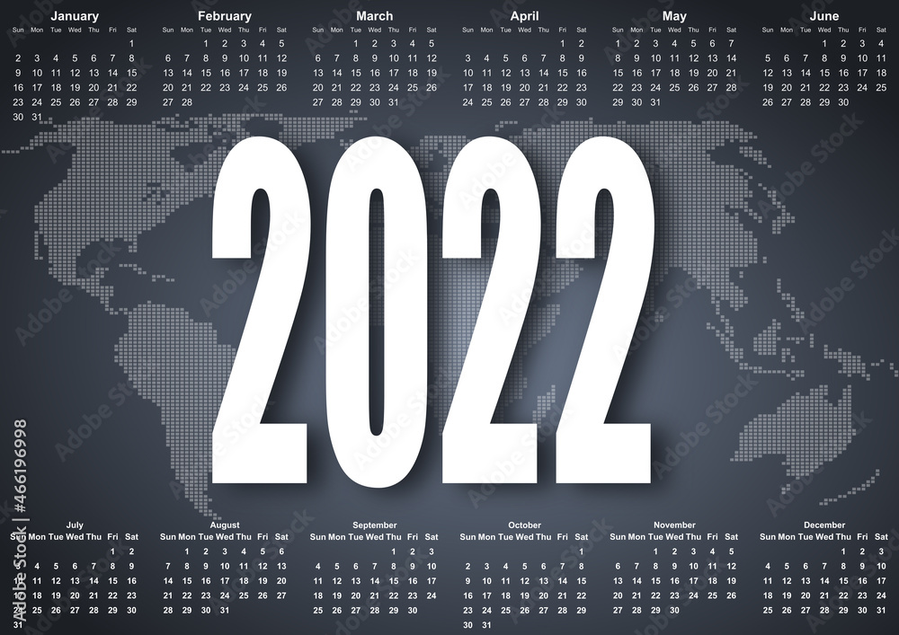 Modern design calendar for year 2022 mondays first on world map ...