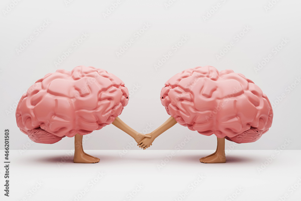 Two Brains Shaking Hands With Each Other, Sharing Ideas with Each other ...