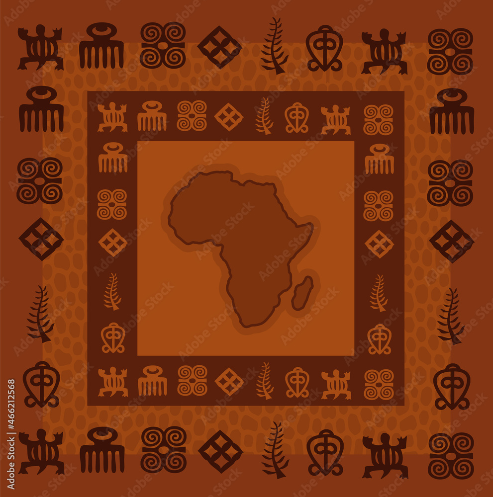 African hieroglyphs with Africa Map, Adinkra symbols, desert orange ...