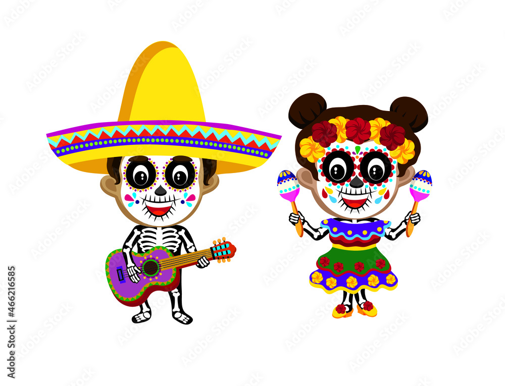 Cute cartoon illustration of a boy and a girl dressed up in Day of the ...