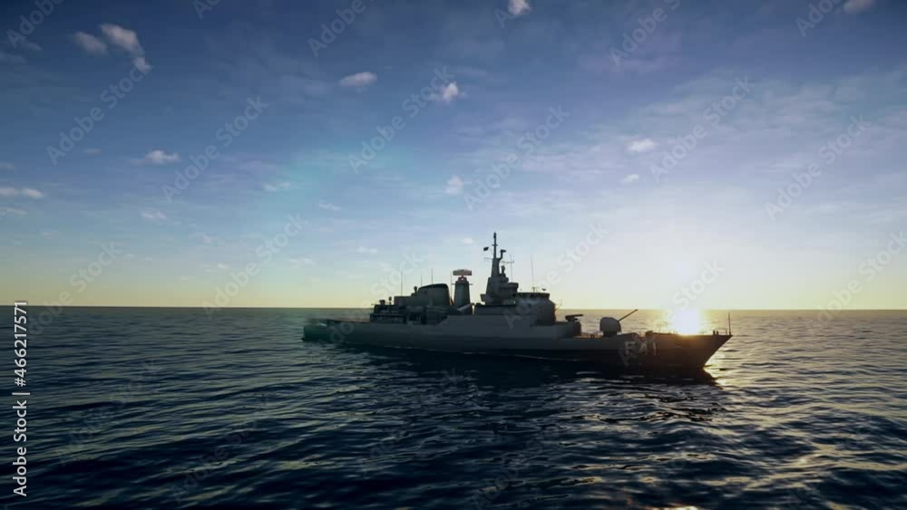 Animation of a frigate of the naval forces sailing across the ocean ...