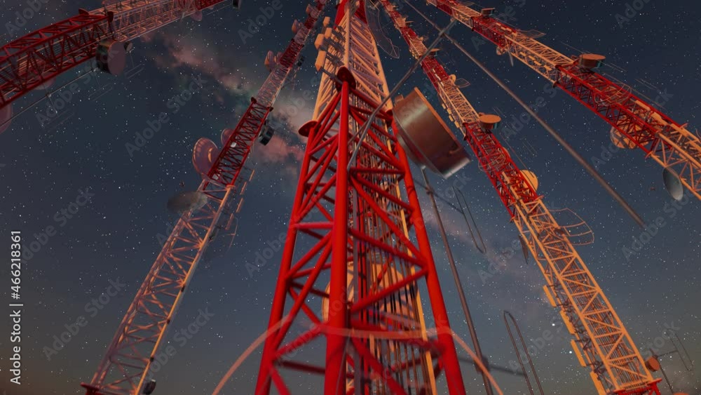 Antenna complex on a night sky. Radio masts and towers for broadcasting ...
