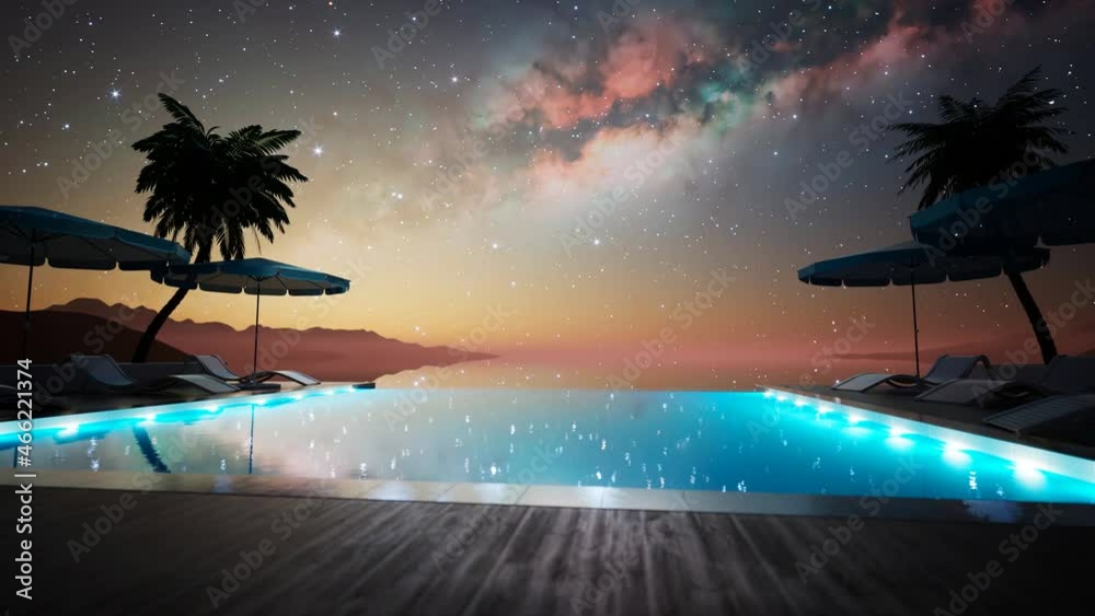 Luxurious horizon infinity swimming pool with palm trees, night sky ...