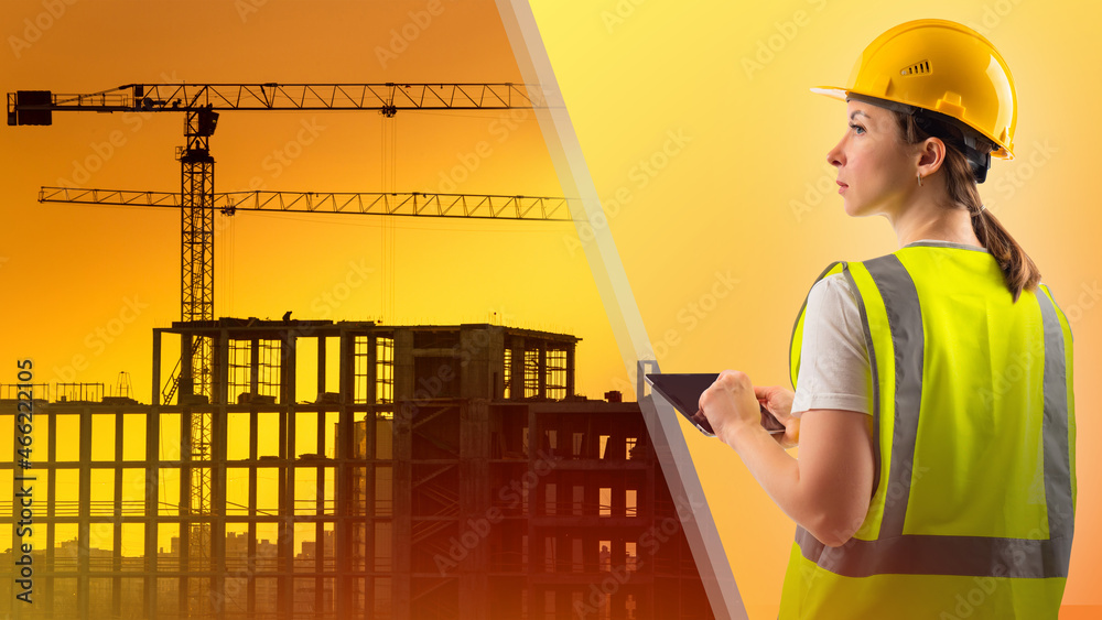 Building construction. Woman foreman-builder. Work in construction ...