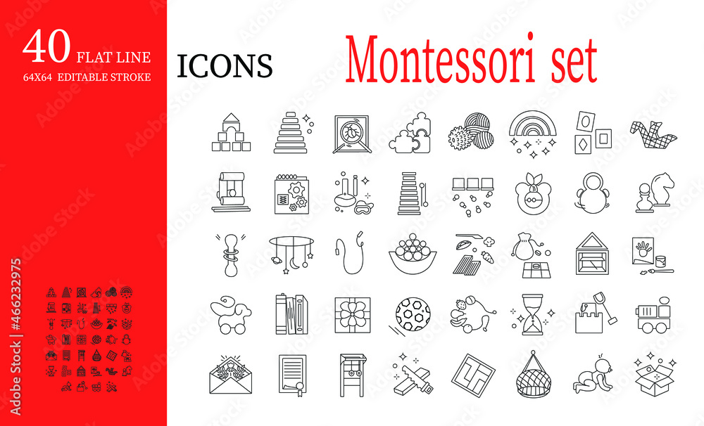 Montessori set of thin line icons for early children's education ...