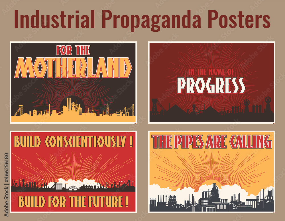 Industrial Propaganda Posters, Factory and Plant Silhouettes Retro ...