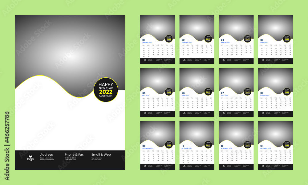 Calendar template for the year 2022 A set of pages for 12 months and ...