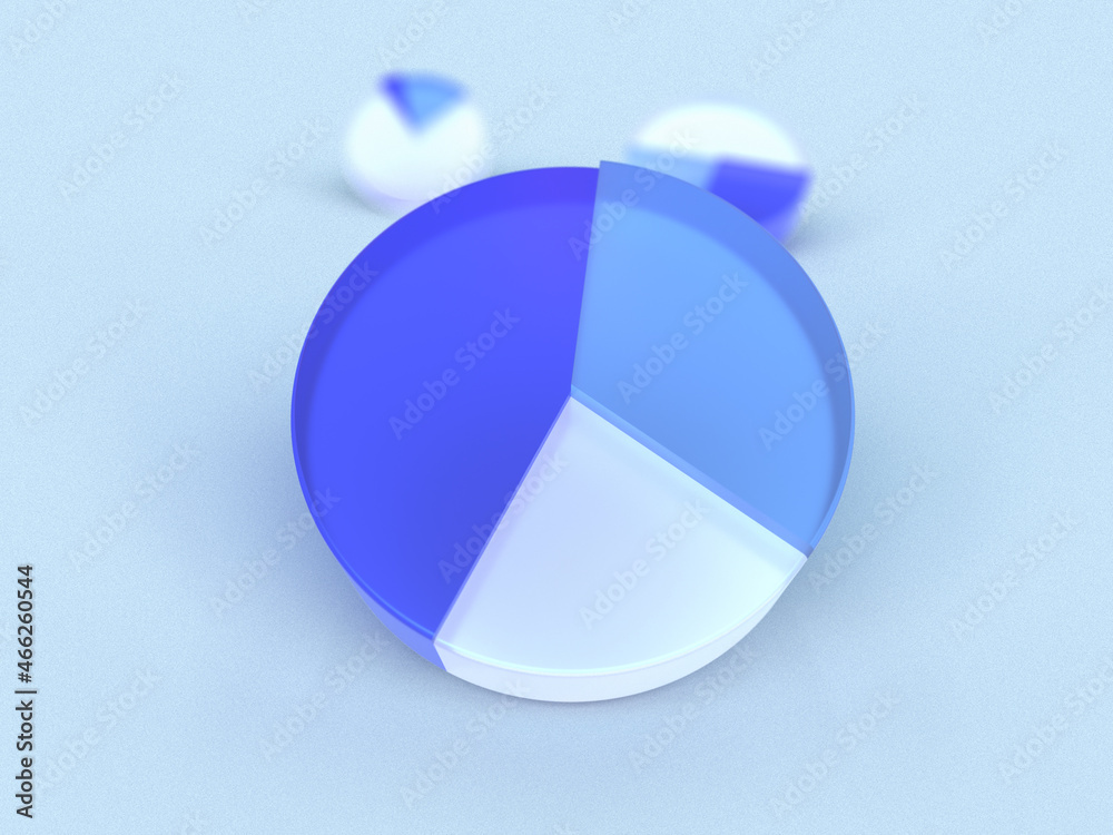 3D rendered transparent pie charts with two marked parts on a light ...
