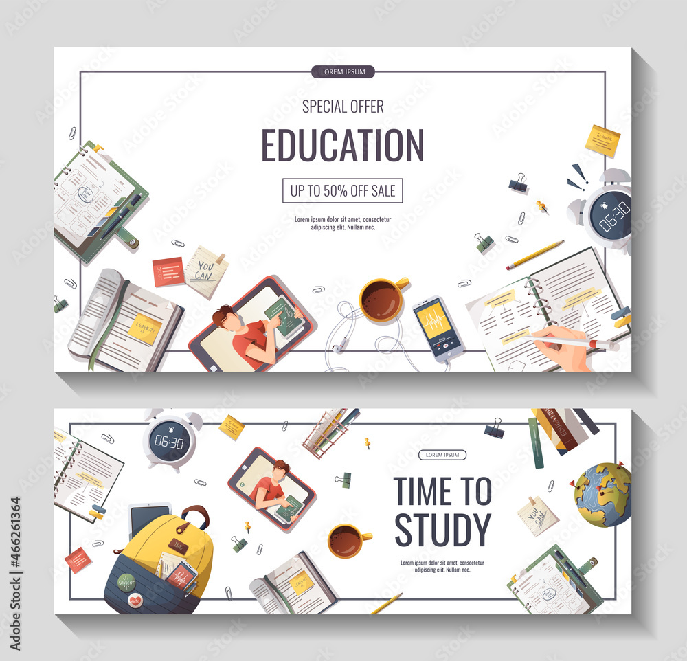 Set of banners with study supplies for Studying, education, learning ...