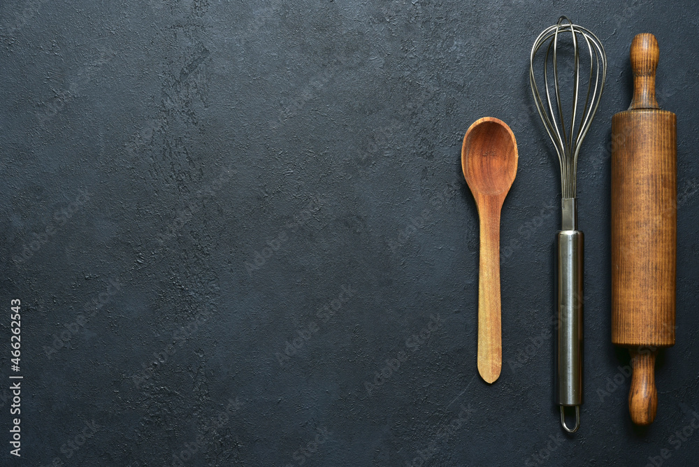 Cooking background with ingredients and props for baking. Top view with ...