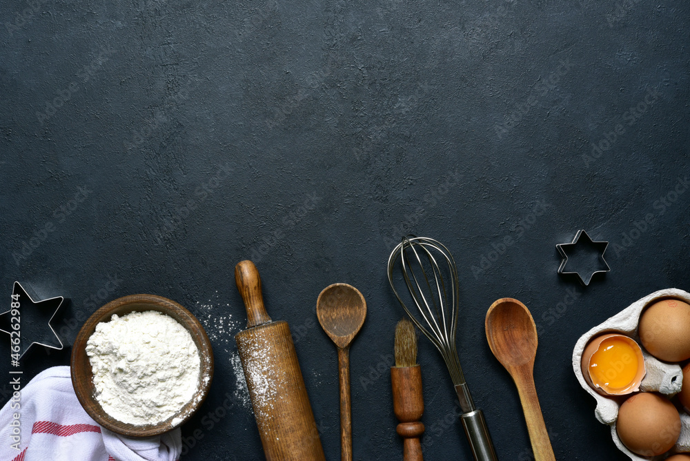 Cooking background with ingredients and props for baking. Top view with ...