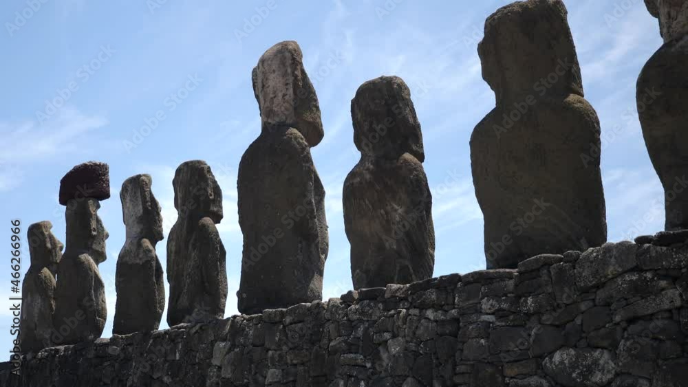 Vidéo Stock Moai statues Ahu Tongariki from behind on Easter Island ...
