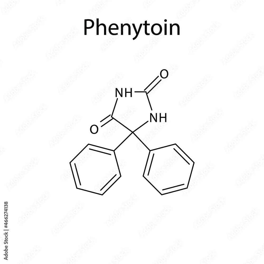Phenytoin molecular structure, flat skeletal chemical formula. Anti ...