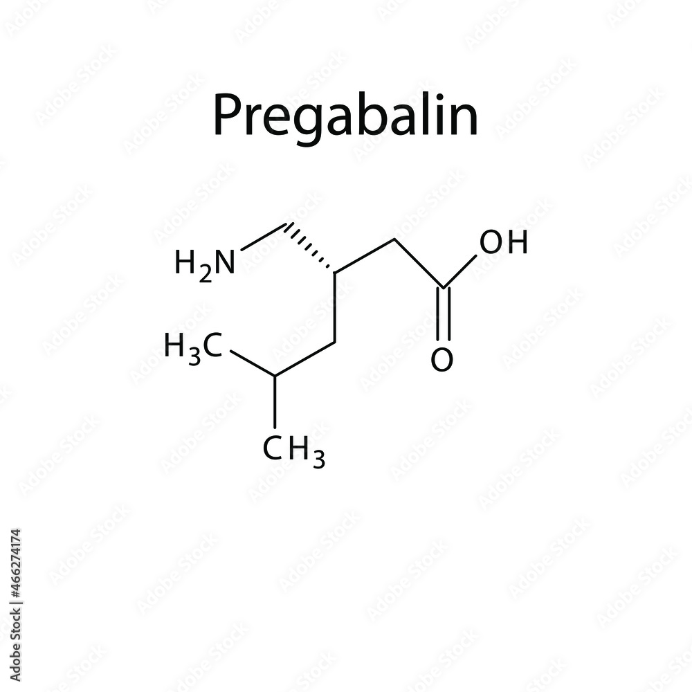 Vetor de Pregabalin molecular structure, flat skeletal chemical formula ...