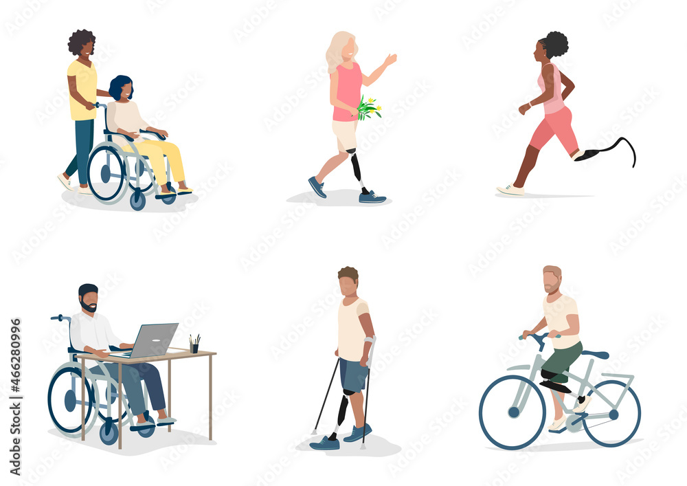 Set of vector illustration people with disabilities lead an active ...