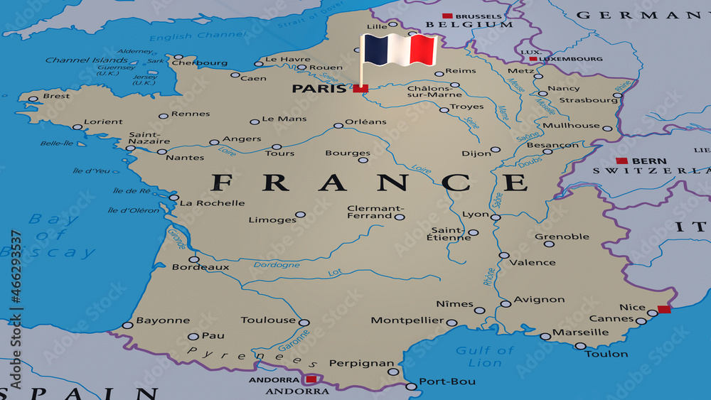 Flag of France with a flagpole is installed on the map of the country ...