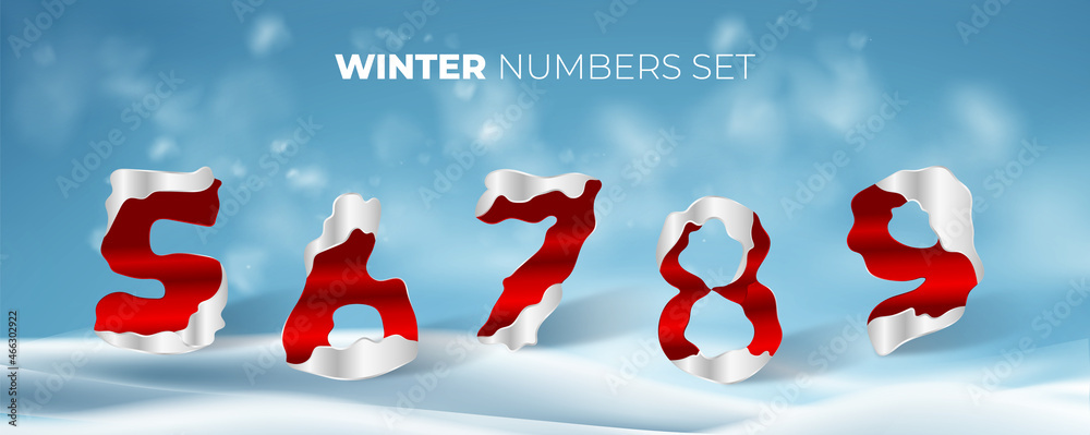 Set of Christmas holiday vector red font. Numbers with snow and ice ...