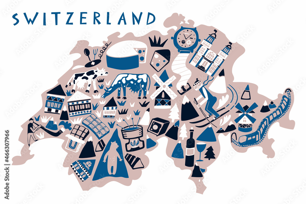 Vector hand drawn stylized map of Switzerland landmarks. Travel ...