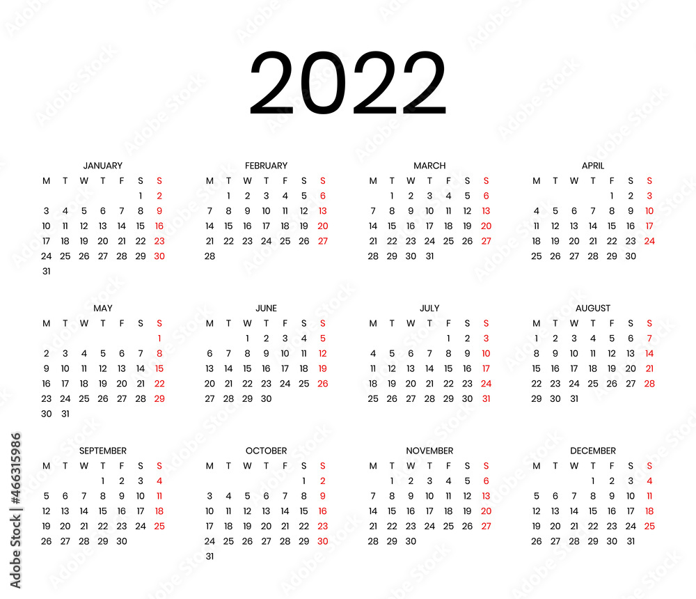 2022 Calendar, simple vector template. The week starts with Monday ...