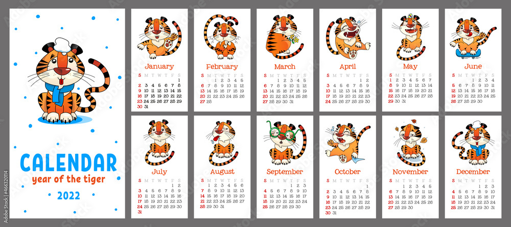 Wall calendar for 2022, Year of the Tiger. 12 cartoon tiger cubs. Week ...
