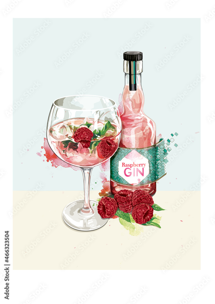 Gin bottle and glass illustration with watercolour splashes. Stock ...