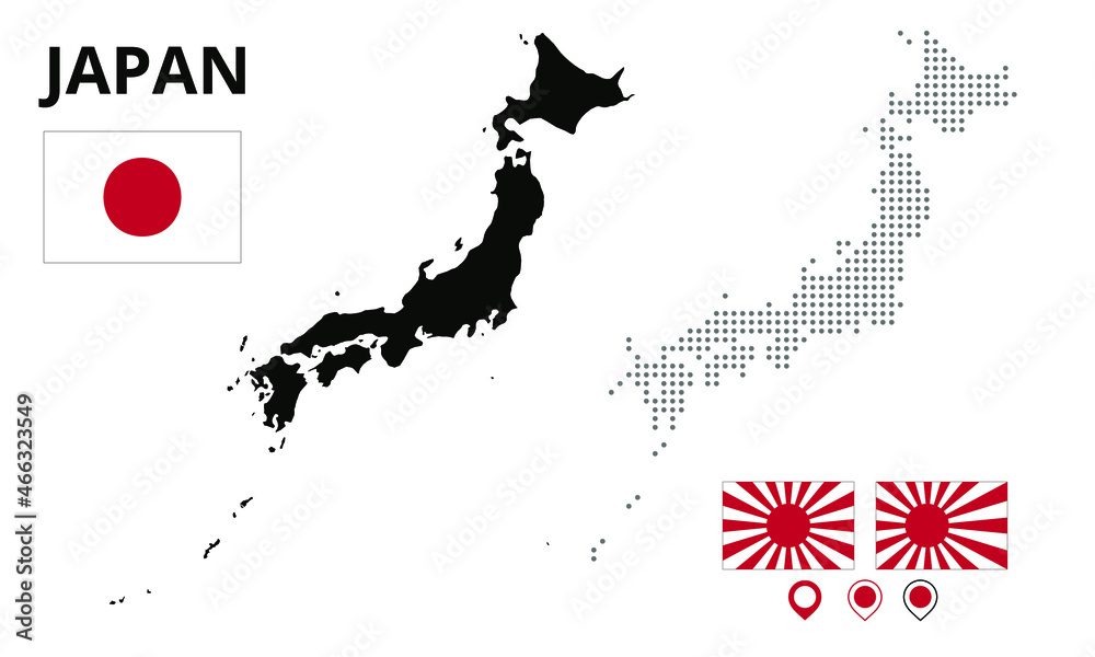Map of japan with flags in original color. Map dotted with silhouette ...