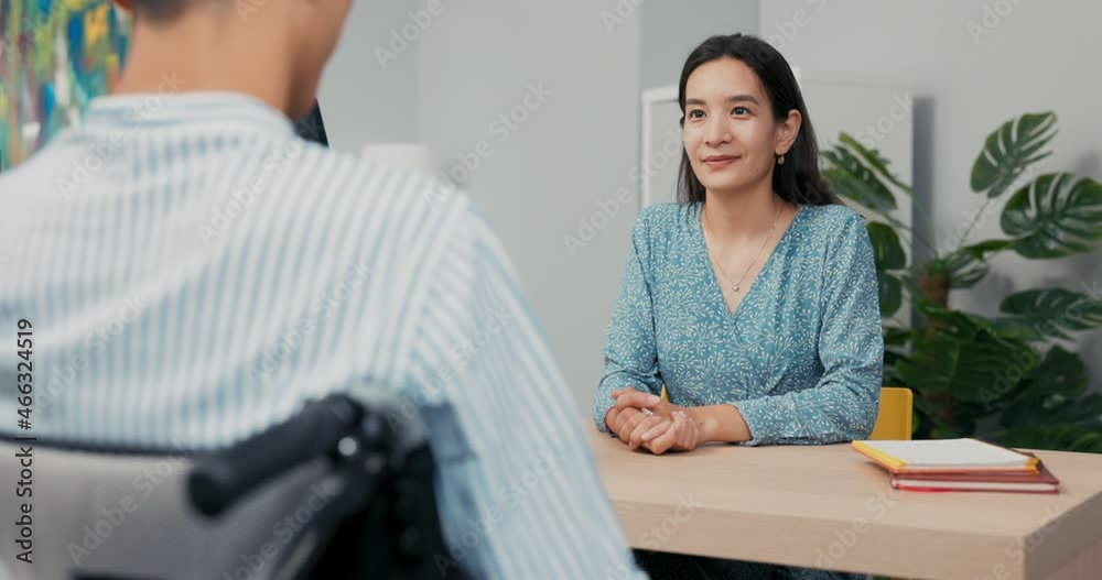 Video „A job interview with a disabled man in wheelchair, beautiful ...