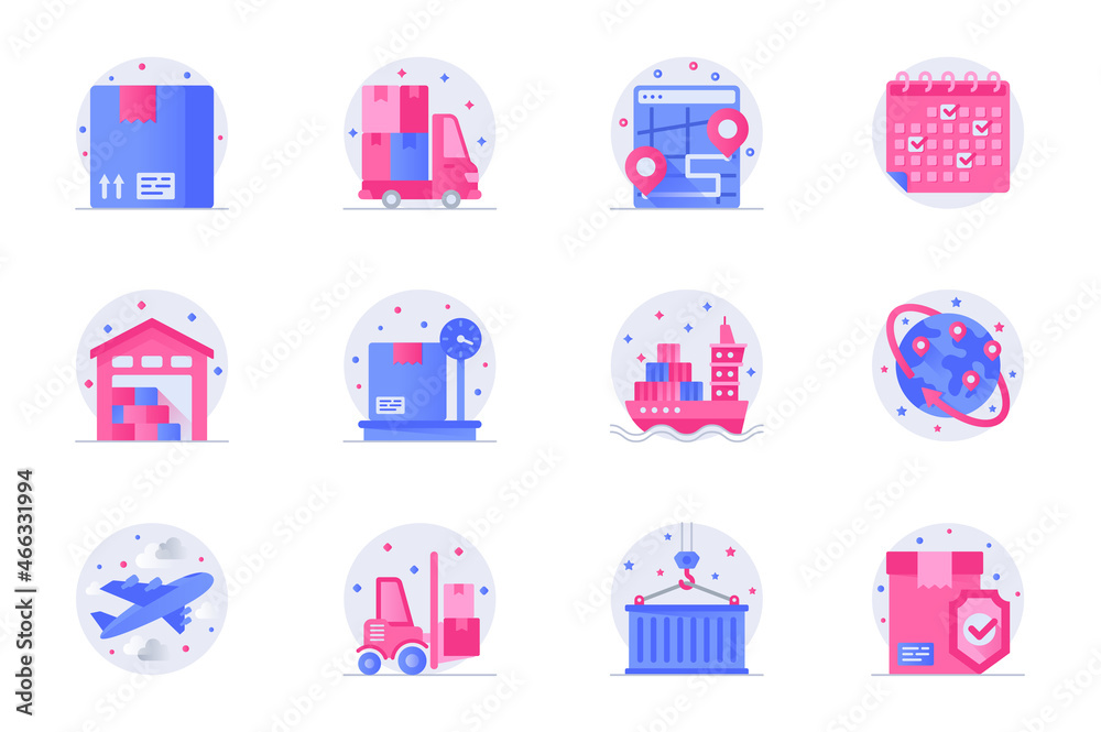Shipping concept web flat color icons with shadow set. Pack pictograms ...