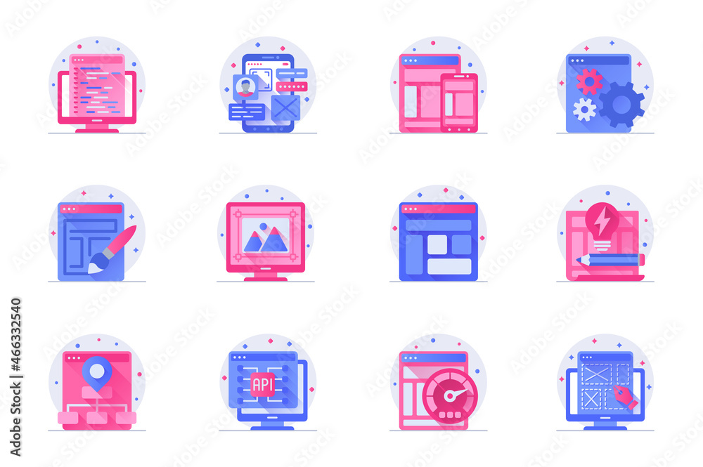 Design and development concept web flat color icons with shadow set ...