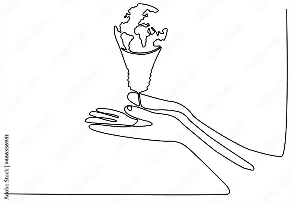 Light bulb symbol idea drawing one continuous line.hand holding globe ...