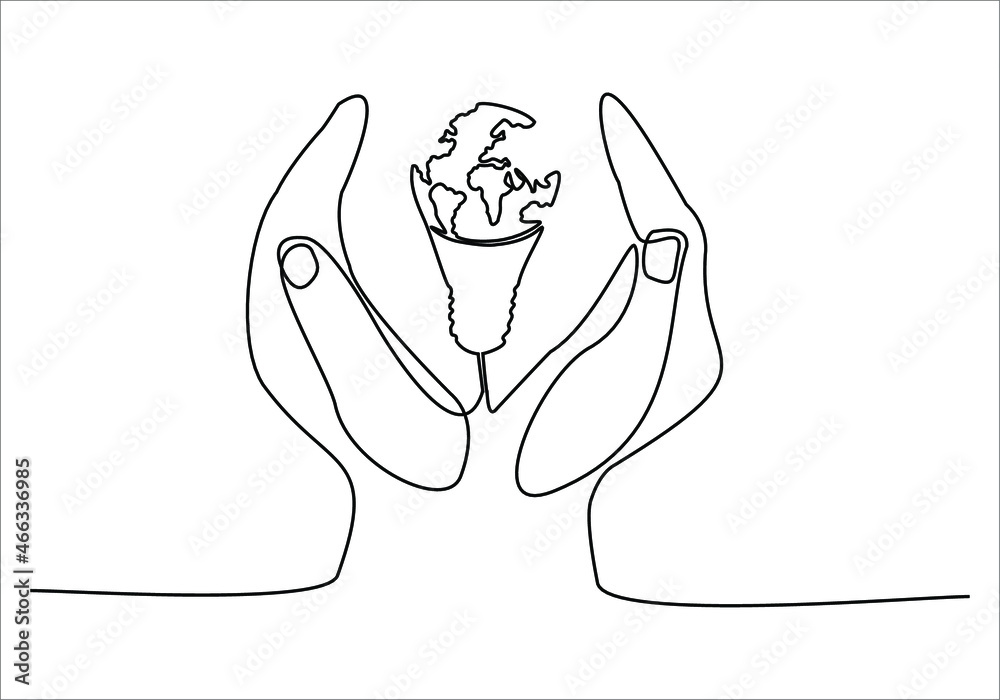 Light bulb symbol idea drawing one continuous line.hand holding globe ...