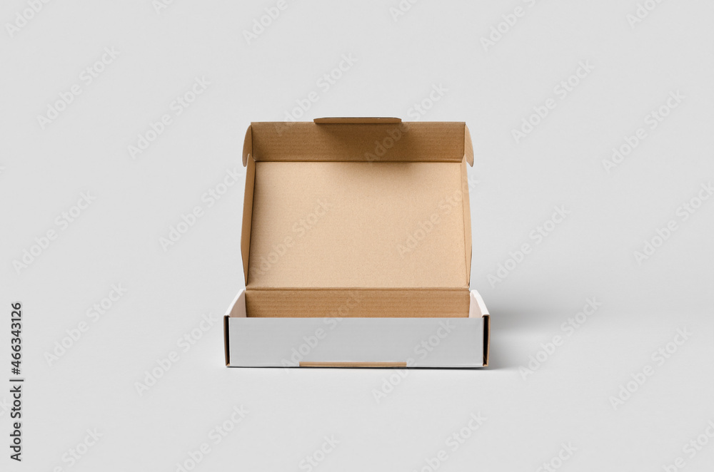 Cardboard postal, mailing box mockup with opened lid. Stock Photo ...