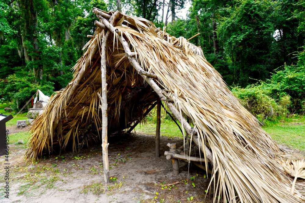 Replica of a palmetto hut. The first settlers at Fort Frederica lived ...