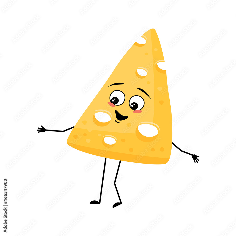 Cute cheese character with joyful emotions, happy face, smile, eyes ...