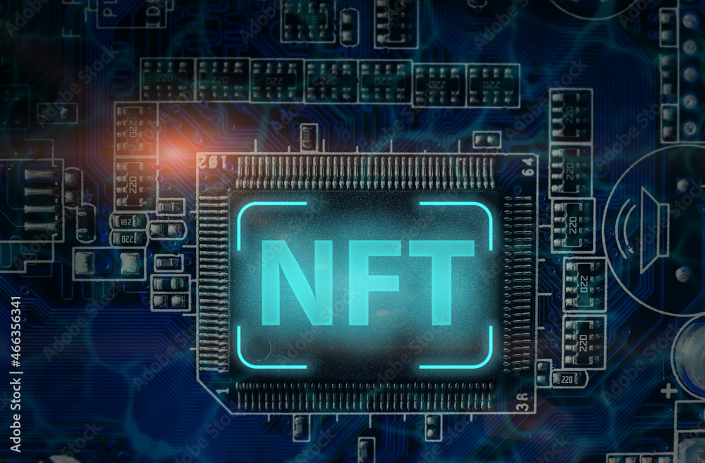 NFT on chip of circuit for selling unique collectibles of artwork. NFT ...