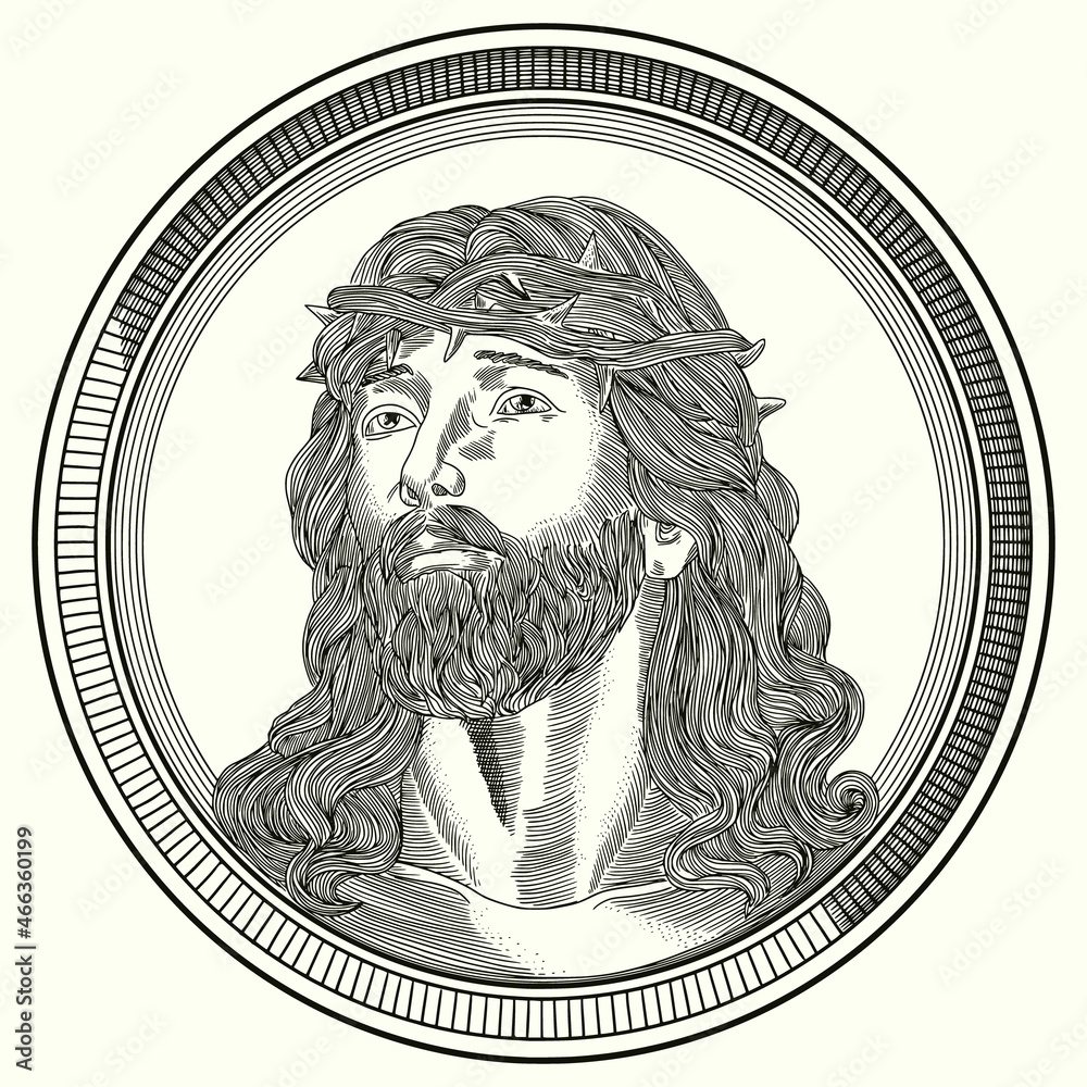 Realism portrait of Jesus Christ with engraving style in a frame ...