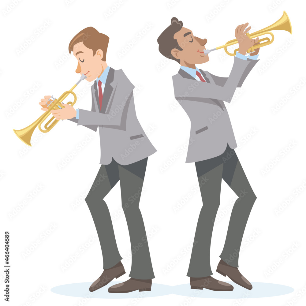 Jazz trumpet players performing back to back on isolated white ...