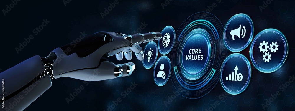 Core values responsibility ethics goals company concept. Robot pressing ...