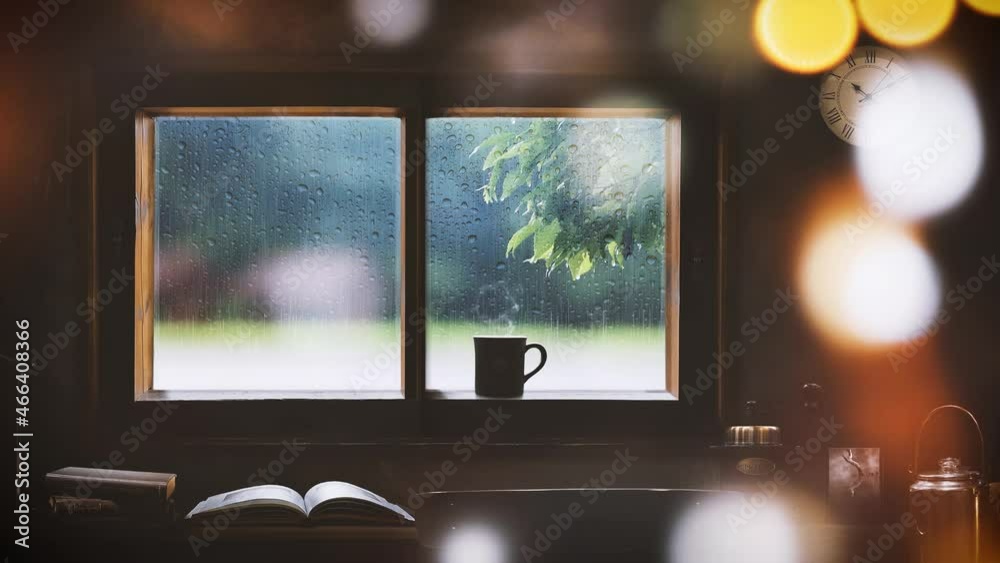 The view of the rain falling from the cafe brings peace and relaxation ...