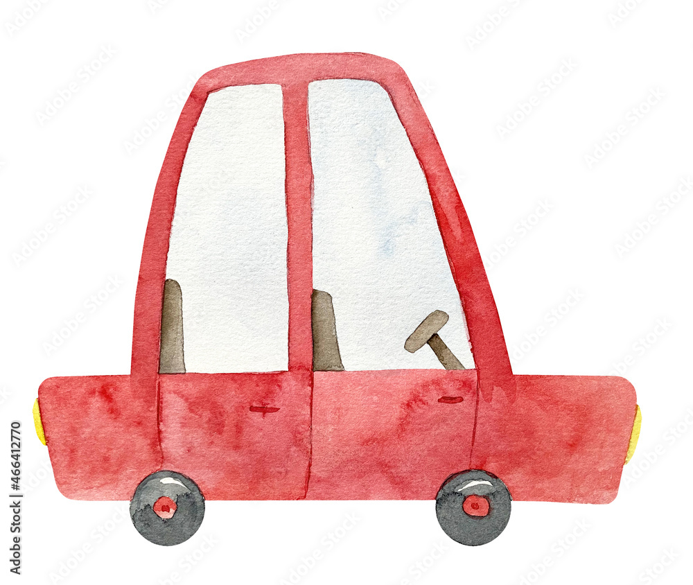 Watercolor cute red car. Hand draw illustration of cartoon red car with ...